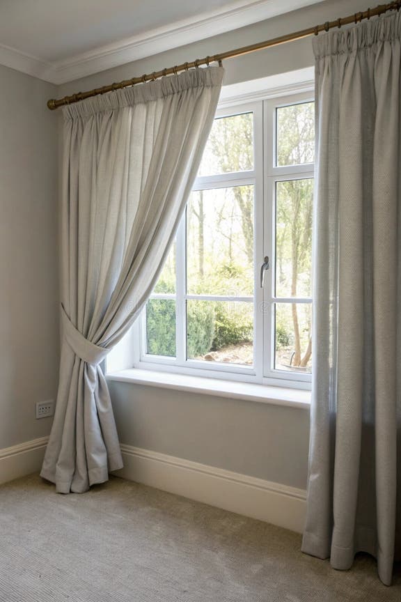 Short Light Grey Curtain on Window in Empty Room Stock Photo - Image of ...
