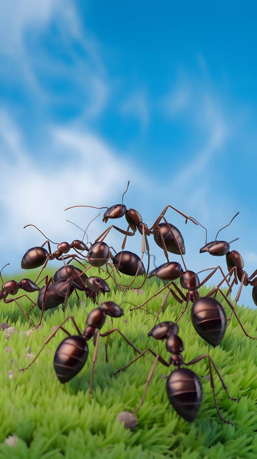 Ants on Green Moss Under Blue Sky, Interacting with Natural Habitat in ...
