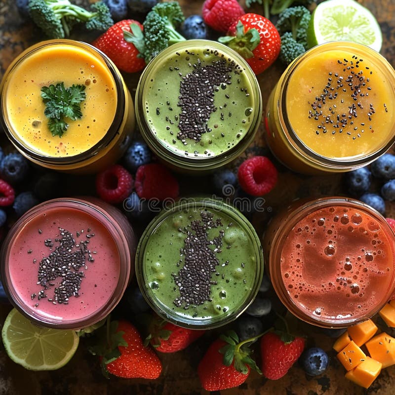 Shot of Assorted Smoothies in Mason Jars Atop Fruit Stock Illustration ...