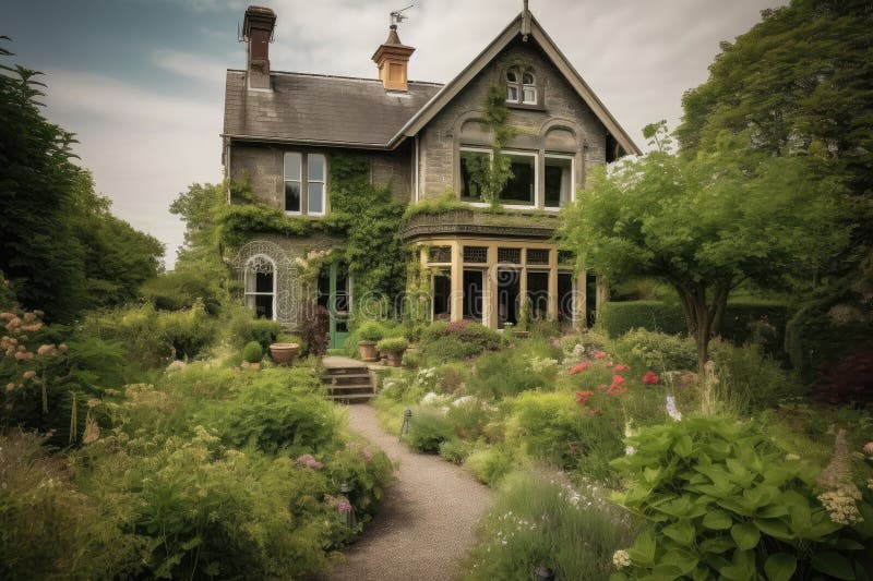 Beautiful Residential House with Veranda, Triangular Roof and Lawn in ...