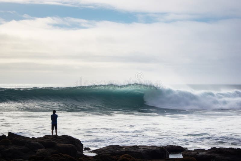 Shot from Behind of a Surfer Watching a Large Wave Approach Stock Photo ...