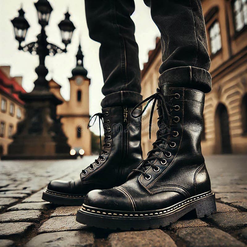 Black Combat Boots on Cobblestone Street Stock Illustration ...