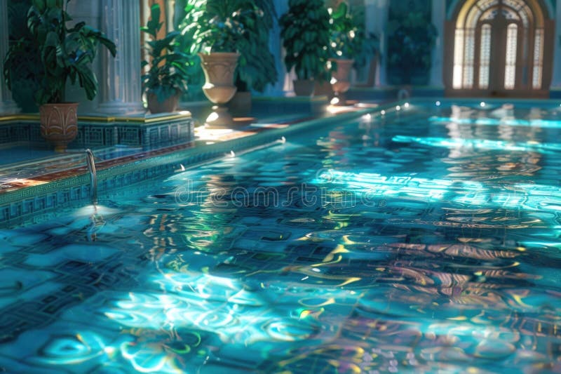 A Shot of a Blue-colored Indoor Swimming Pool with Still Waters Stock ...