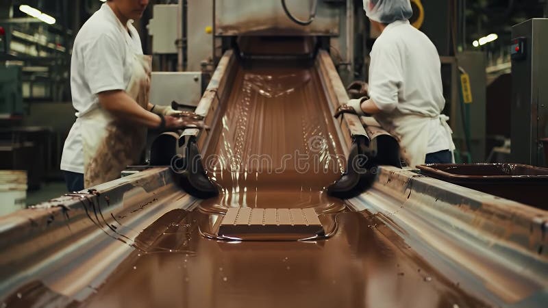 Chocolate Production Inside Factory with Workers Tending the Conveyor ...