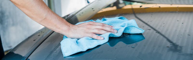 Shot of Car Cleaner Cleaning Wet Car with Blue Rag Stock Image - Image ...