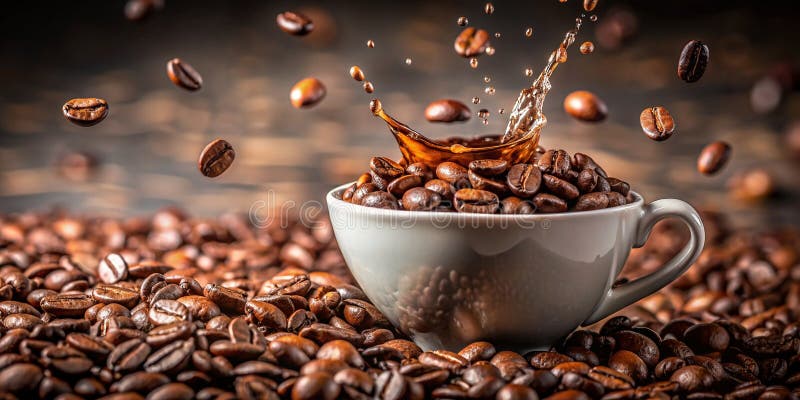 Shot of a Coffee Bean Dropping into a Full Cup of Coffee Creating an ...