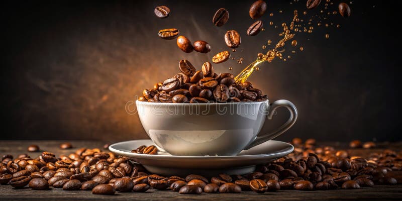 Shot of a Coffee Bean Dropping into a Full Cup of Coffee Creating an ...