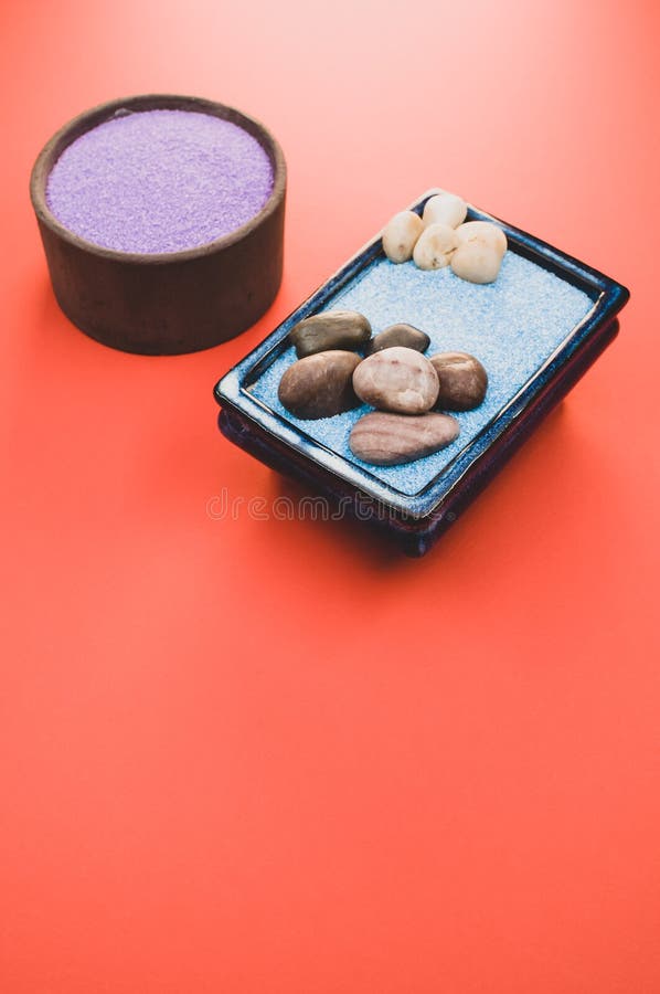 Shot of Colored Sand in Bowls with Some Natural Stones Stock Photo ...