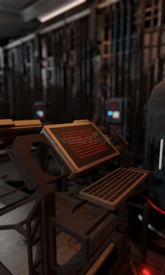 Shot of Computer in Control Room Center Abandoned Laboratory in Dark Scene Stock Illustration ...