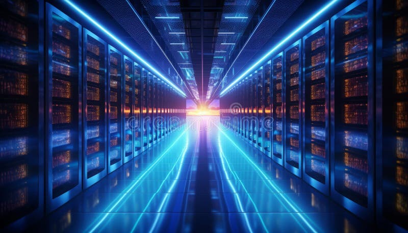 Shot of Corridor in Working Data Center Filled with Rack Servers and ...