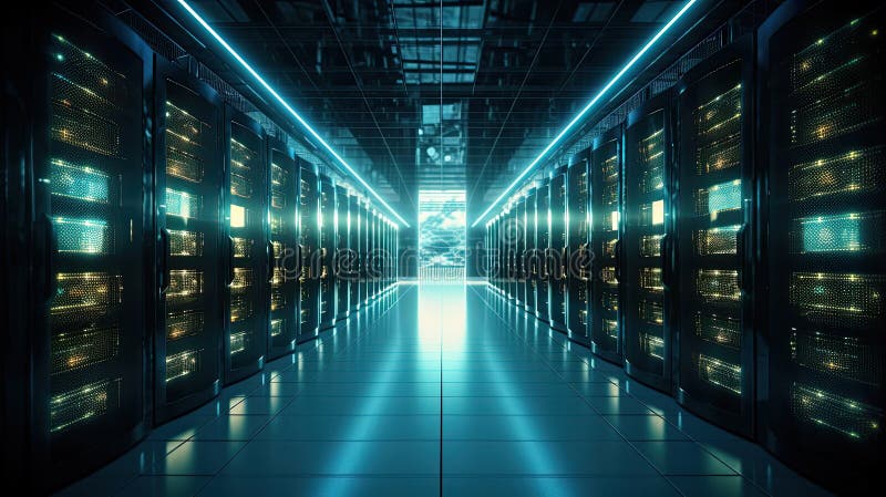 Shot of Corridor in Working Data Center Full of Rack Servers and ...