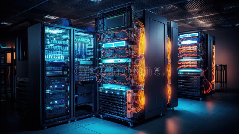 Shot of Corridor in Working Data Center Full of Rack Servers and ...