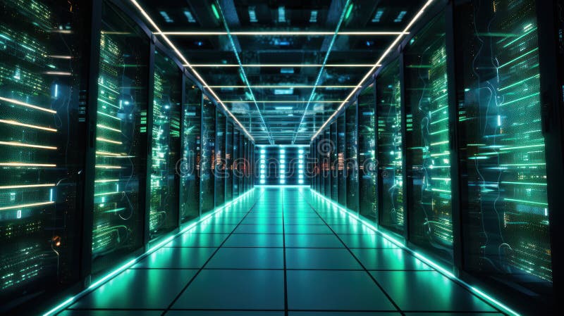 Shot of Corridor in Working Data Center Full of Rack Servers and ...