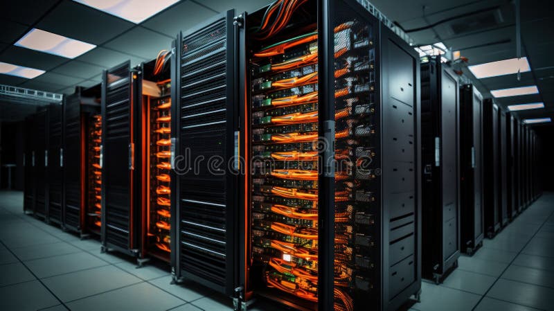 Shot of Corridor in Working Data Center Full of Rack Servers and ...