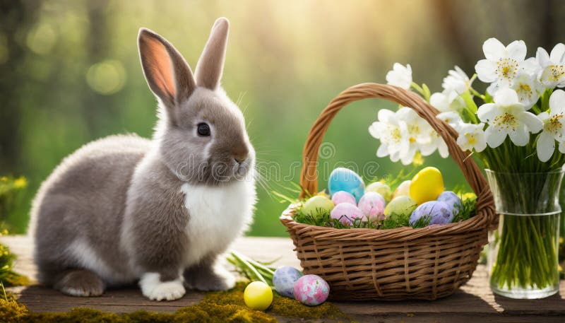 Cute Easter Bunny with Basket of Eggs and Spring Flowers on Nature ...