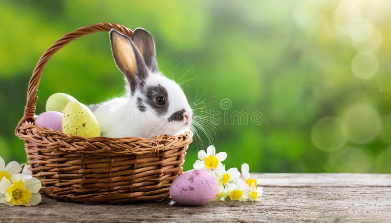 Cute Easter Bunny with Basket of Eggs and Spring Flowers on Nature ...