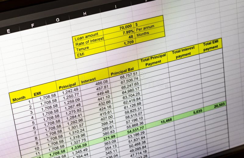 Shot of an Dark Mode Excel Sheet on Computer Screen Showing Bank Loan ...