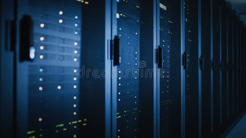 Shot of Dark Modern Data Center with Row of Fully Operational Server ...
