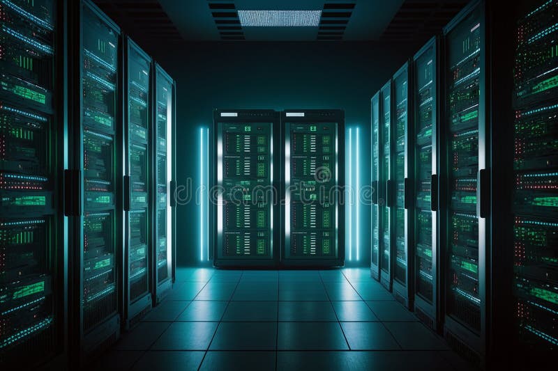 Shot of Data Center with Multiple Rows of Fully Operational Server ...