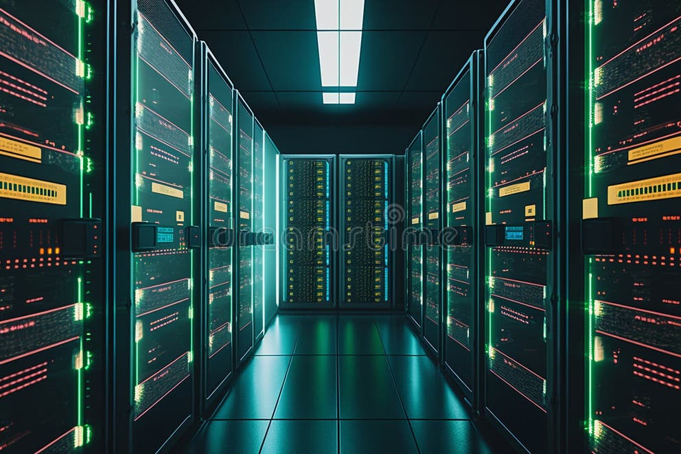 Shot of Data Center with Multiple Rows of Fully Operational Server ...