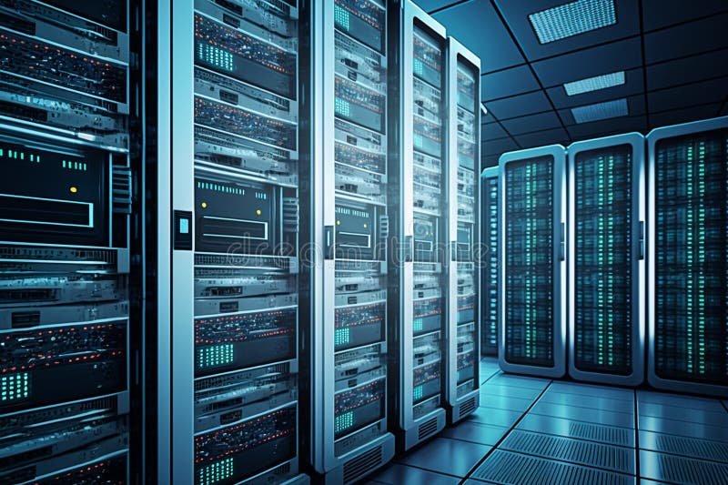 Shot of Data Center with Multiple Rows of Fully Operational Server ...