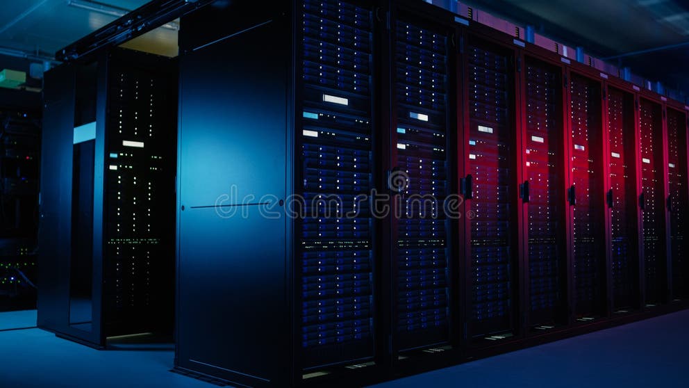 Shot of Data Center with Multiple Rows of Fully Operational Server ...