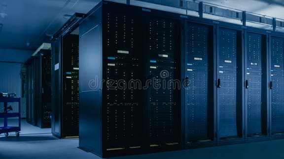 Shot of Data Center with Multiple Rows of Fully Operational Server ...