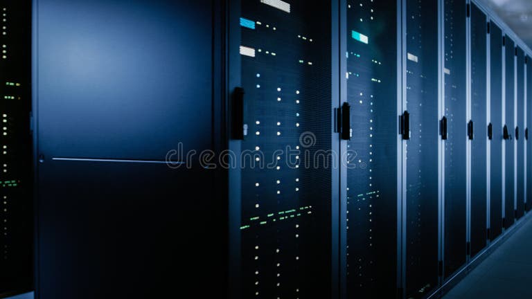 Shot of Data Center with Multiple Rows of Fully Operational Server ...
