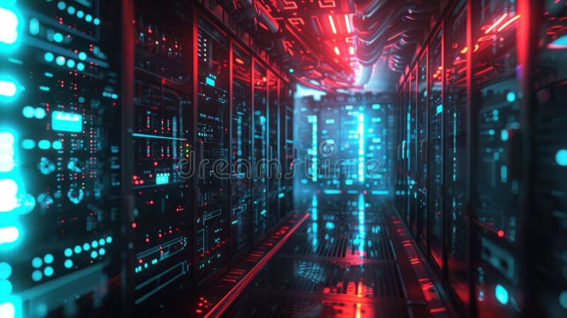 Shot of Data Center with Multiple Rows of Fully Operational Server ...
