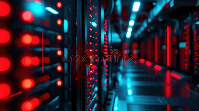 Shot of Data Center with Multiple Rows of Fully Operational Server ...