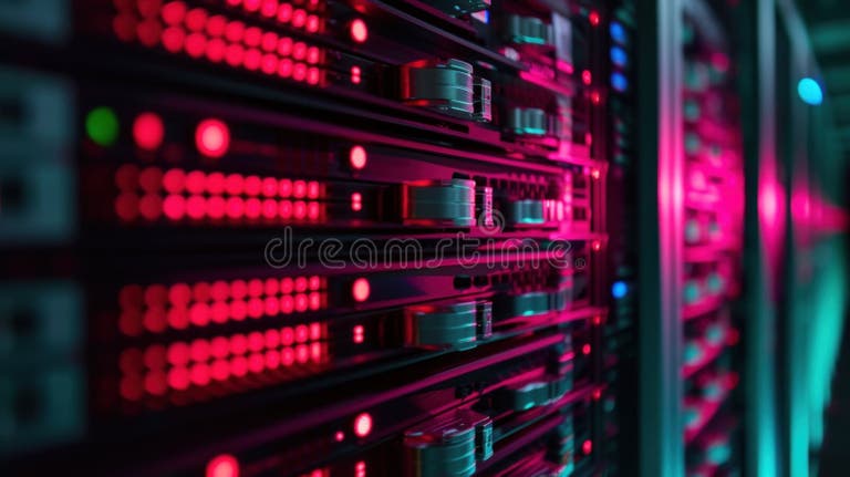 Shot of Data Center with Multiple Rows of Fully Operational Server ...