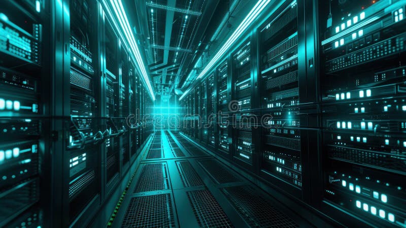 Shot of Data Center with Multiple Rows of Fully Operational Server ...