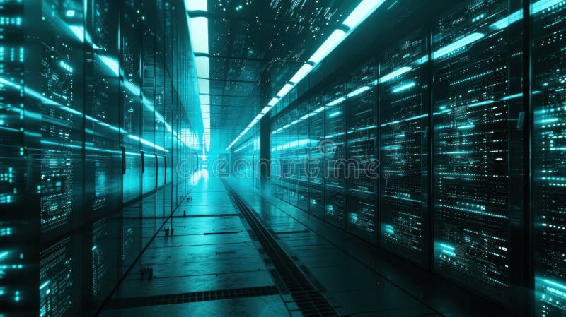Shot of Data Center with Multiple Rows of Fully Operational Server ...