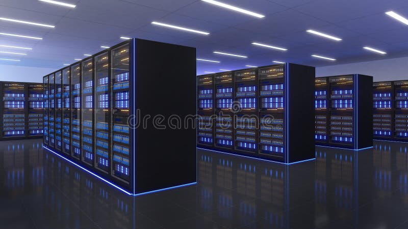 Shot of Data Center with Multiple Rows of Fully Operational Server ...