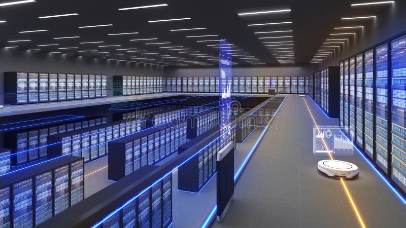 Shot of Data Center with Multiple Rows of Fully Operational Server ...