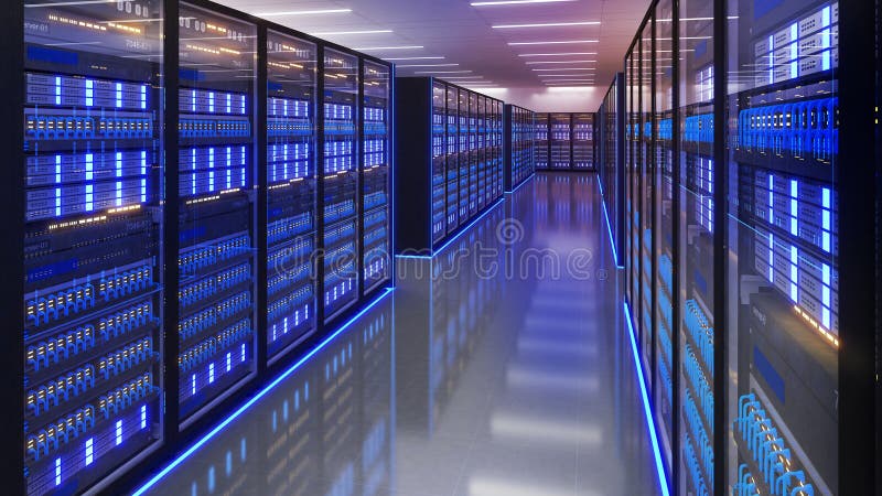 Shot of Data Center with Multiple Rows of Fully Operational Server ...