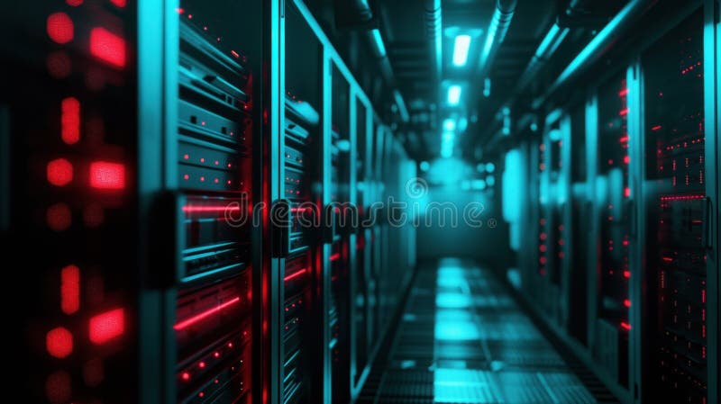 Shot of Data Center with Multiple Rows of Fully Operational Server ...
