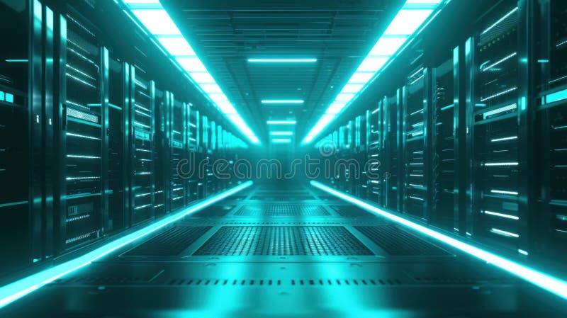 Shot of Data Center with Multiple Rows of Fully Operational Server ...