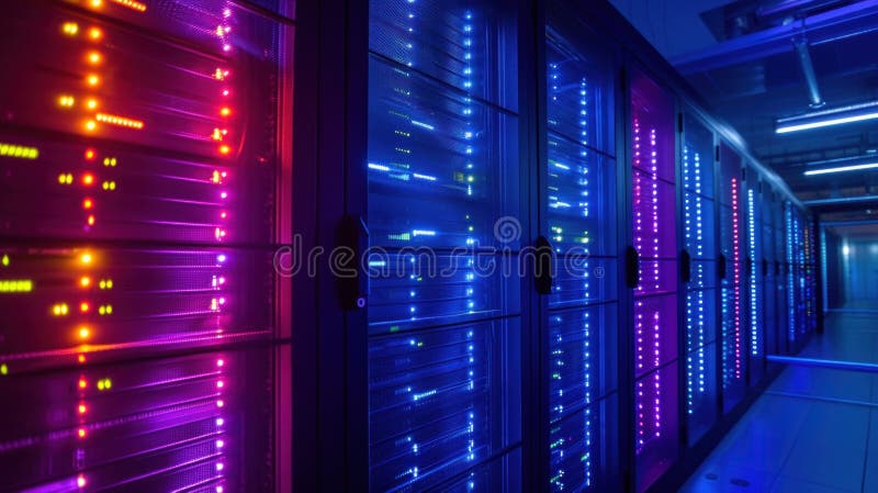 Shot of Data Center with Multiple Rows of Fully Operational Server ...