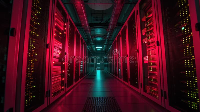 Shot of Data Center with Multiple Rows of Fully Operational Server ...
