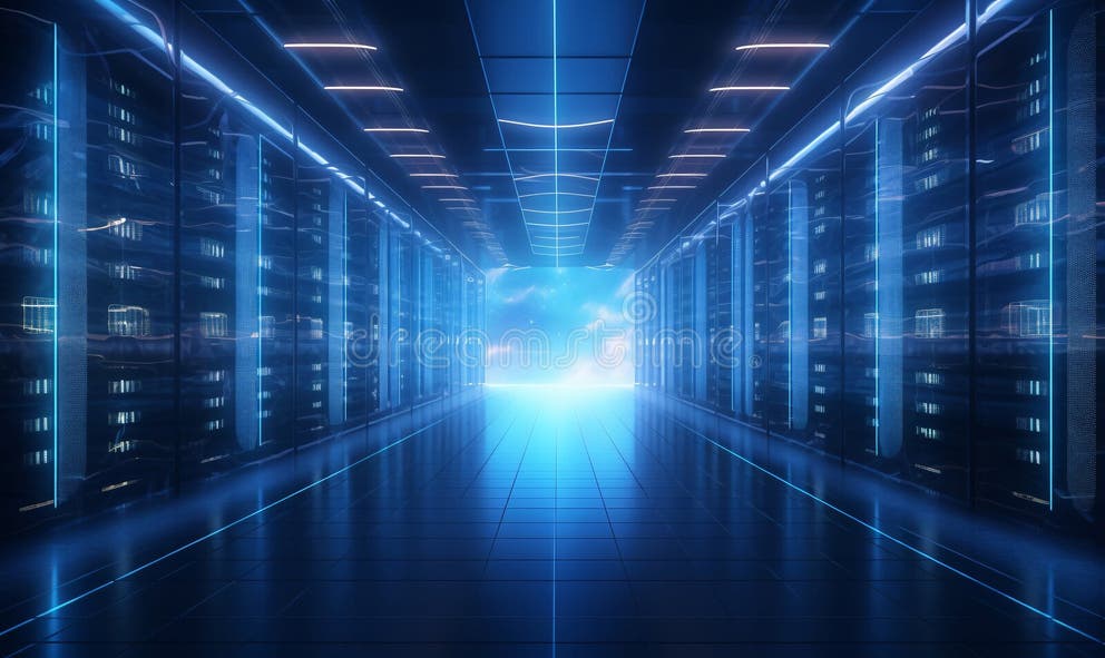 Shot of Data Center with Multiple Rows of Fully Operational Server ...