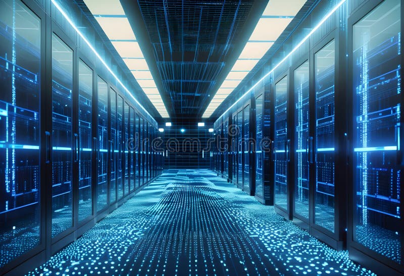 Shot of Data Center with Multiple Rows of Fully Operational Server ...