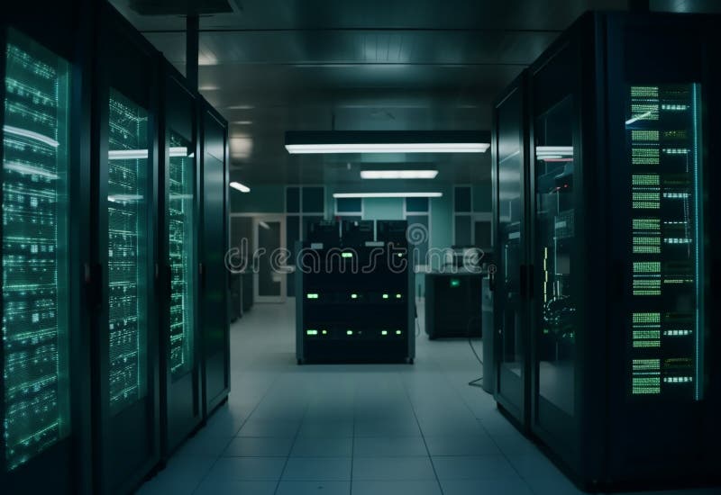 Shot of Data Center with Multiple Rows of Fully Operational Server ...