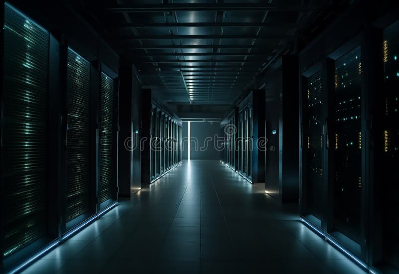 Shot of Data Center with Multiple Rows of Fully Operational Server ...