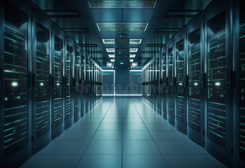 Shot of Data Center with Multiple Rows of Fully Operational Server ...