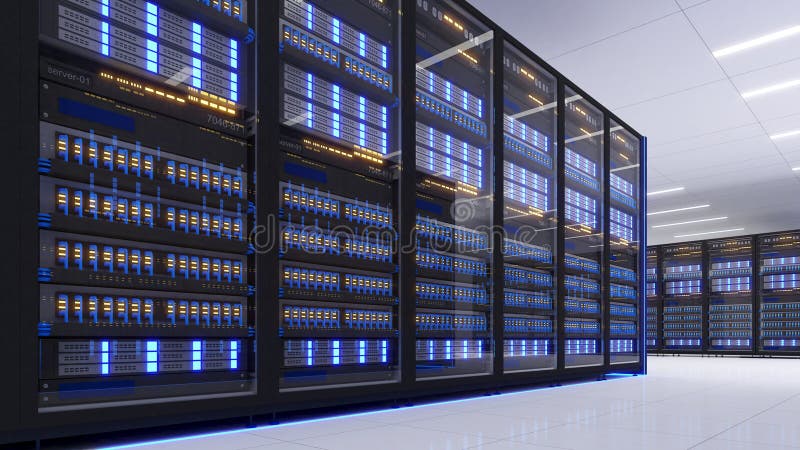 Shot of Data Center with Multiple Rows of Fully Operational Server ...