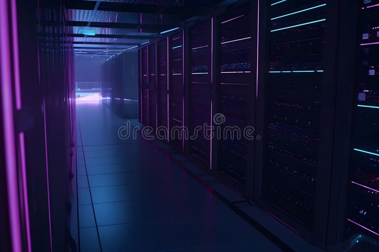 Shot of Data Center with Multiple Rows of Fully Operational Server ...