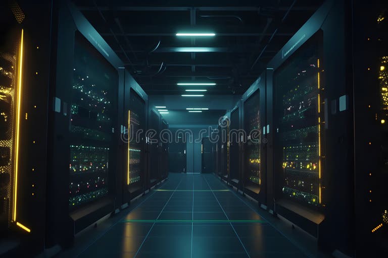 Shot of Data Center with Multiple Rows of Fully Operational Server ...
