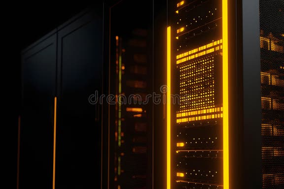 Shot of Data Center with Multiple Rows of Fully Operational Server Racks. Modern ...