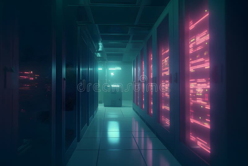 Shot of Data Center with Multiple Rows of Fully Operational Server ...